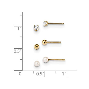 Solid 14k Yellow Gold 3 Pair Set-Ball, CZ Cubic Zirconia & Freshwater Cultured Pearl Earrings (3.3mm x 3.3mm)