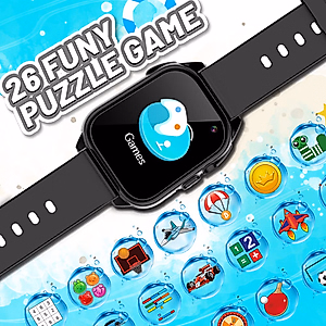 OVV Kids Waterproof Smart Watch Boys Girls Age 3-12 with 26 Game 1.44'' HD Touch Screen Music Player Camera Video Recorder 12/24 Hr Clock Pedometer Alarm Torch Calculator Children Learning Toys