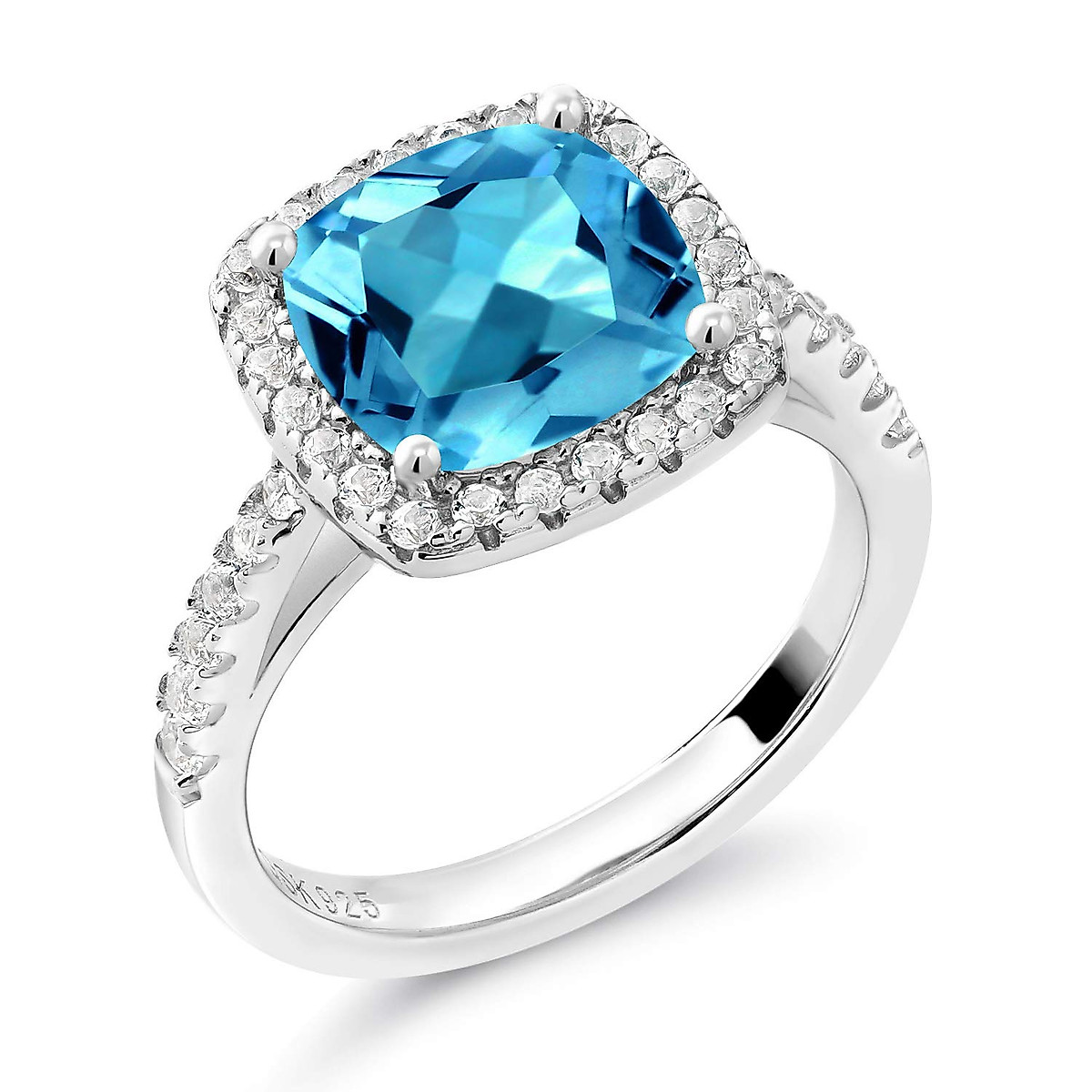 Gem Stone King 925 Sterling Silver Swiss Blue Topaz and White Created Sapphire Engagement Ring For Women (2.80 Cttw, Cushion Cut 8MM, Available in size 5, 6, 7, 8, 9)