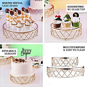Efavormart 16" Round Metal Geometric Cake Stand Cake Riser with Glass Top Glossy Metallic Finish for Dessert Cupcake Pastry Candy Display Plate Event, Birthday Party