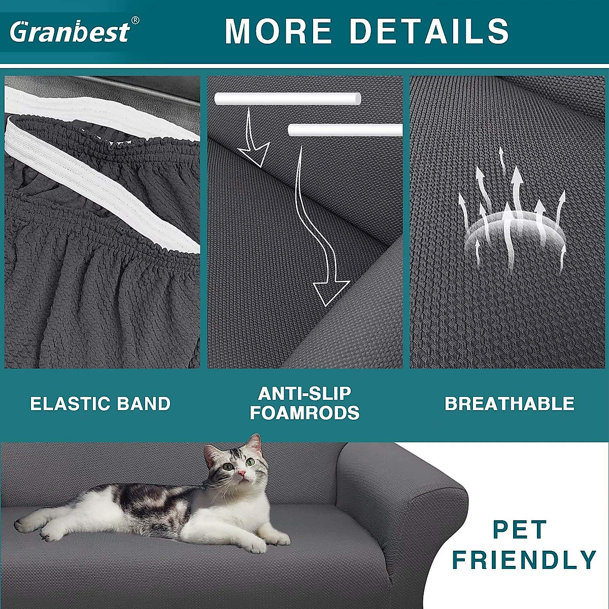 Granbest Water-Repellent Sofa Cover Luxury Thick Couch Covers for Dogs Stylish Jacquard Pattern Stretch Sofa Slipcover Non Slip Furniture Protector with Foam Sticks(Large,Gray)