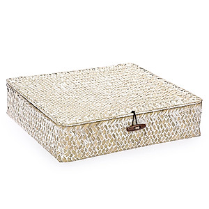 Hipiwe Seagrass Storage Bins with Lid Large Wicker Basket Box for Shelf Organizing Flat Woven Shelf Basket Bin Home Decorative Baskets for Closet Bedroom, Whitewash