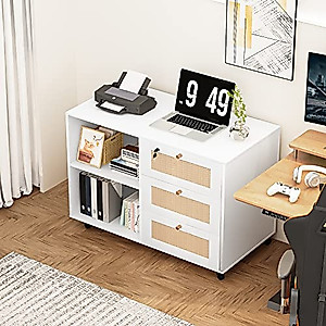 AWQM Wood Filing Cabinet with Lock,3 Drawers Office Storage Cabinet Printer Stand with Open Storage Shelves,Rattan Mobile File Cabinet for Home Office,White
