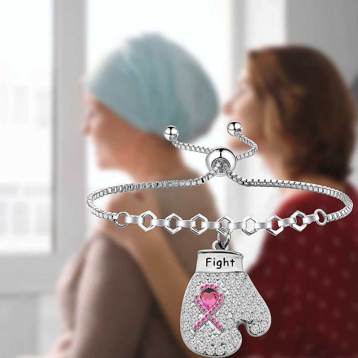 HOLLP Breast Cancer Awareness Bracelet Fight The Cancer Recovery Jewelry Cancer Survivor Gift for Women (Rose Red-S)