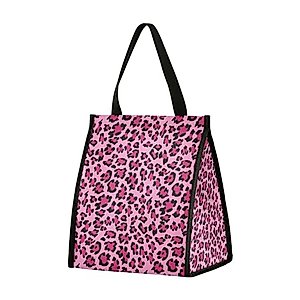 Sletend Insulated Lunch Bag Pink Leopard Print Leakproof Cooler Lunch Tote For Adults & Kids,Wide Open Foldable Portable Lunch Tote, for Office Work School Picnic Beach