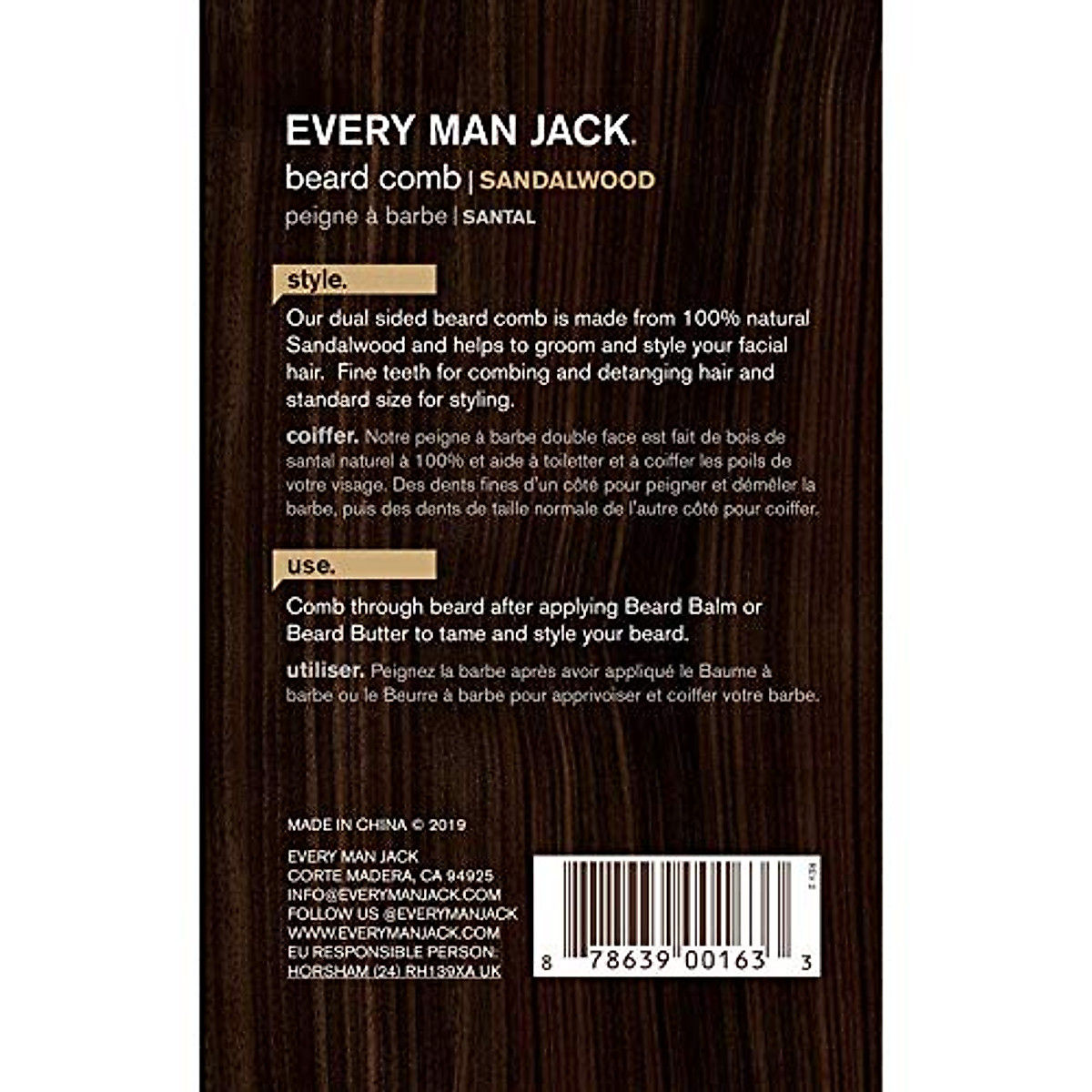 Every Man Jack Beard Comb, Woodgrain