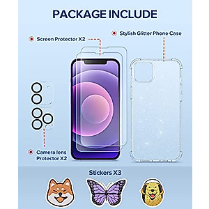 BERFY for iPhone 12 Case and iPhone 12 Pro Case Glitter, with 2X Screen Protector & 2X Camera Protector, [Non-Yellowing] Sparkly Crystal Shockproof Bumper Phone Case for Women Girls 6.1",Glitter Clear