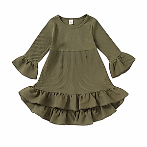 YOUNGER TREE Toddler Baby Girls Spring Clothing Solid Color Cotton Pit Irregular Skirt Winter Dress Long Sleeve Skirt Outfits(Green, 2-3T)