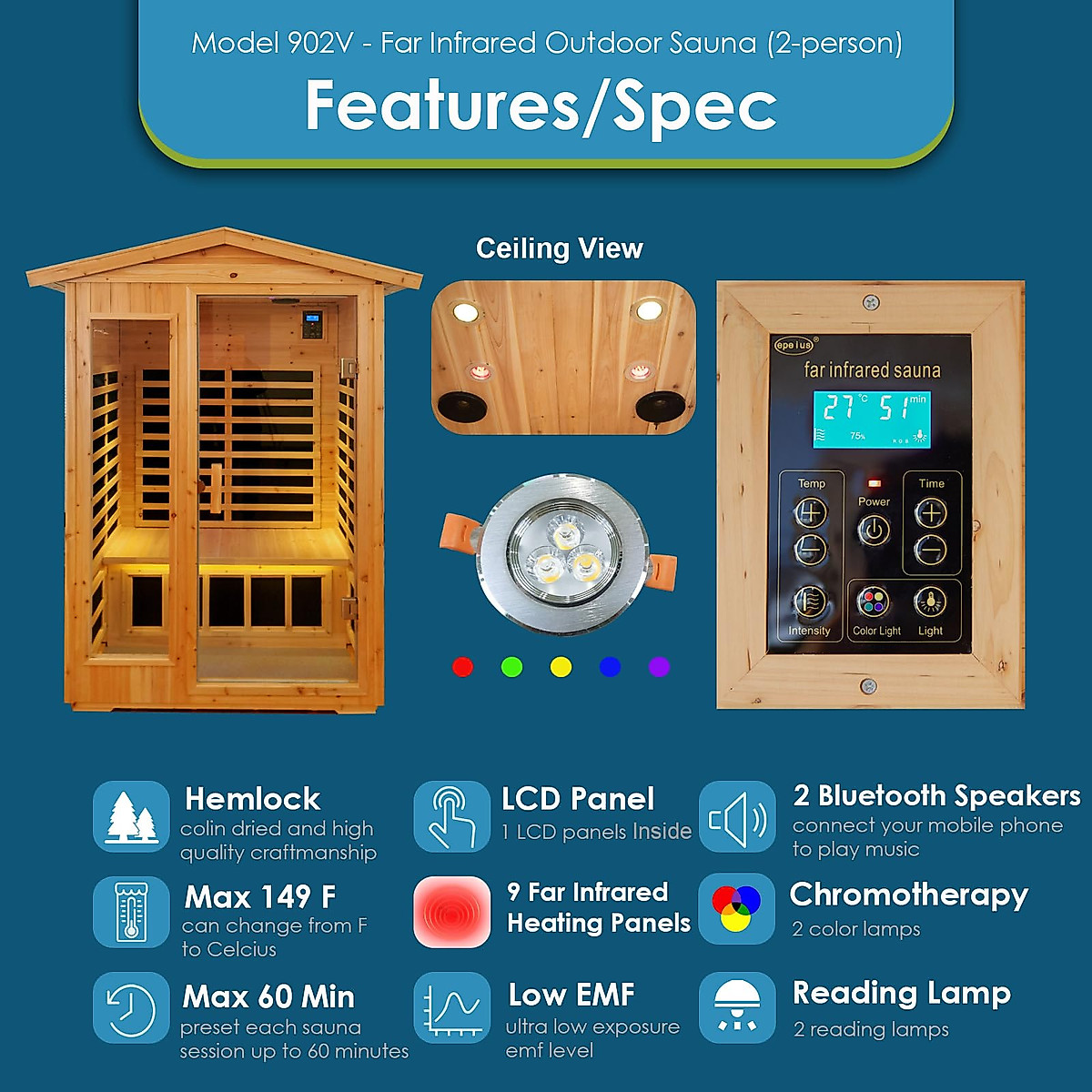 Xmatch Saunas 902V Far Infrared Sauna, Outdoor Wooden Dry Sauna Low EMF (Hemlock Wood, 2-Person Size)