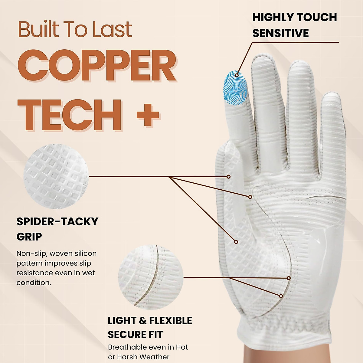 Copper Tech Plus Women's Golf Gloves with Ball Marker - Ladies Golf Gloves with 100% AAA Synthetic Leather - Wrist Support & Breathability - Golf Gloves Right Handed Golfer (Hand Orientation: Left)