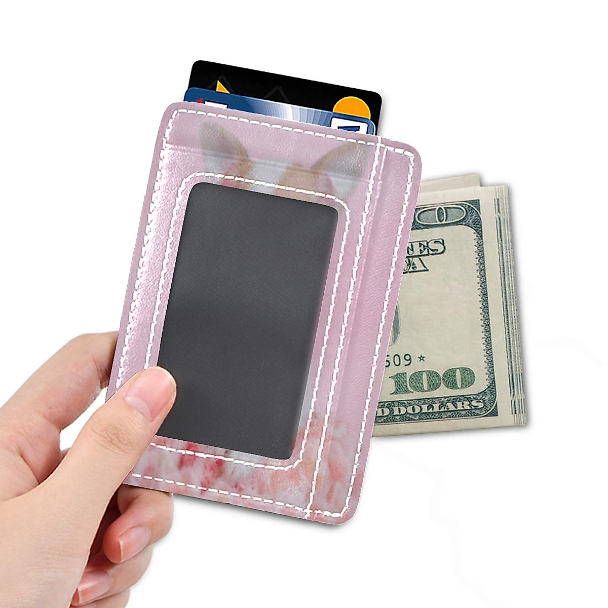 Linomo Thin leather Card Holder and Money Clip Cute Chihuahua Dog Pink Rose Wallet RFID Blocking for Men & Women