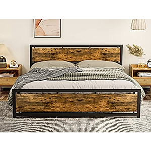 IKIFLY Industrial Metal King Size Bed Frame/Farmhouse Metal Platform Bed with Wooden Headboard Footboard/Heavy Duty Steel Slats Support/No Box Spring Need, Easy Assembly（King, Rustic Brown）