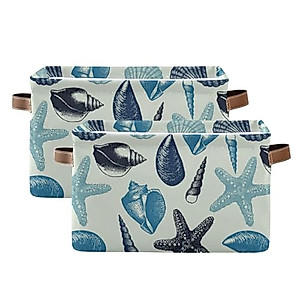 Sea Shell Blue Storage Basket Bins Foldable Toy Baskets Organization with Handles Laundry Hamper for Bedroom Office Clothes Pet Nursery Living Room,2 pcs