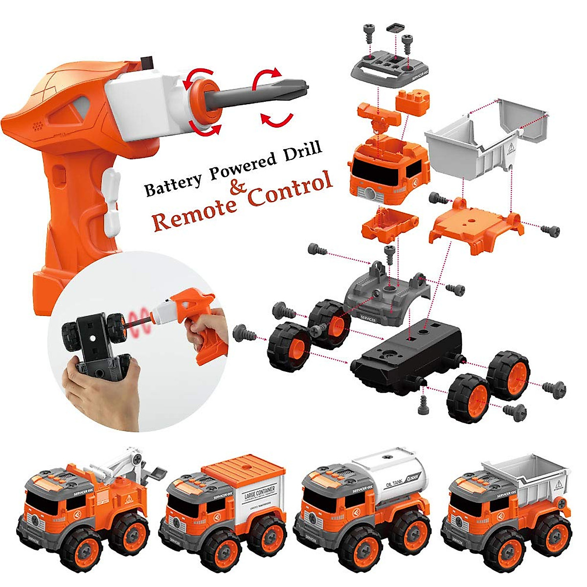 BerrysParadise Take Apart Toys with Electric Drill 4 in 1 Take Apart Toy Drill Remote Control Construction Toy Truck Builder Gift Car Toys for 3 4 5 6 7 Year Olds Boys Toddlers Birthday Christmas