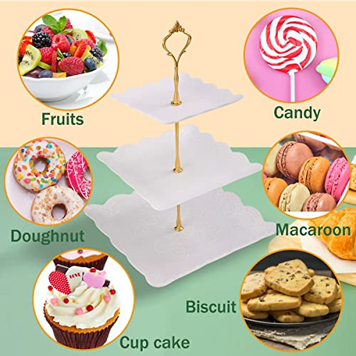 Barelove 3 Tier Plastic Cupcake Stand, Cake Display Tiered Serving Tray, 2 Pack Plastic Dessert Pastry Candy Platter Holder Tower for Wedding, Birthday, Tea Party, Baby Shower Decor (Square, White)