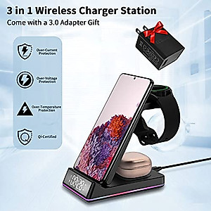Wireless Charger with Clock/Alarm for Samsung Charging Station, 3 in 1 Android Phone Multiple Devices Charger for Galaxy S22 Ultra/S21/Z Flip/Fold 4/Buds/Galaxy Watch 5/Pro/4/3(Only for Samsung Watch)