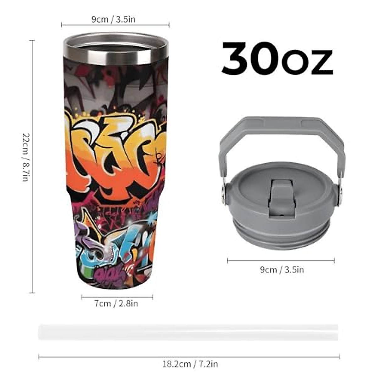 WITHSBKK 30oz Car Cup Graffiti Hip Hop Printed with Portable, Stainless Steel Travel Mug, Vacuum Insulated Tumbler And Straw, Leakproof for Car & Outdoor, UV Printed Design