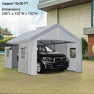 ACONEE Carport 10×20 FT Portable Garage, Heavy Duty Garage Car Port Canopy with Roll-up Doors & Removable Sidewalls, Garage Boat Shelter Tent, 180g PE Waterproof Canopy for Pickup Truck, Grey