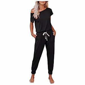 Bblulu Womens Casual Short Sleeve Off Shoulder Jumpsuits Solid Color Drawstring Elastic Waist Jumpsuit Romper with Pockets