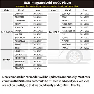 Vehicle CD Player, Cidava OE Integrated Vehicle CD Player via USB Radio Connection – (See Vehicle Fit Chart Image)