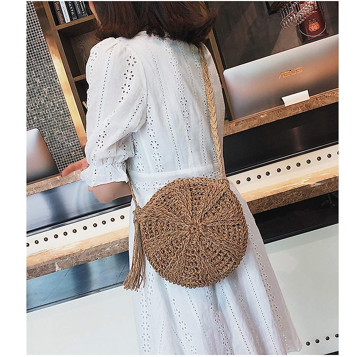 CHIC DIARY Women Straw Bag Crossbody Handmade Woven Summer Beach Top Zipper Shoulder Purse with Tassel (Khaki)