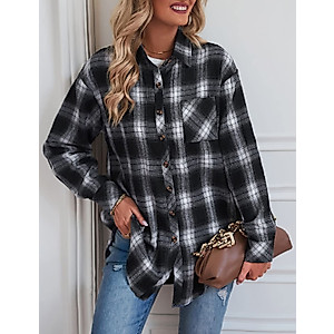 Tiko Miko Flannel Shirts for Women Oversized Plaid Soft Flannel Button Down Shirt Blouses(0001-black-L)