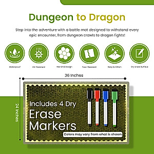 IT'S A SKIN DND Battle Game Mat - 36x24 Inch Dungeons and Dragons Map for Roleplay Games, Warhammer, Grid Tabletop - Includes 4 Dry Erase Markers & Cleaning Cloth - RPG HEX Grid Gross/Moss Theme