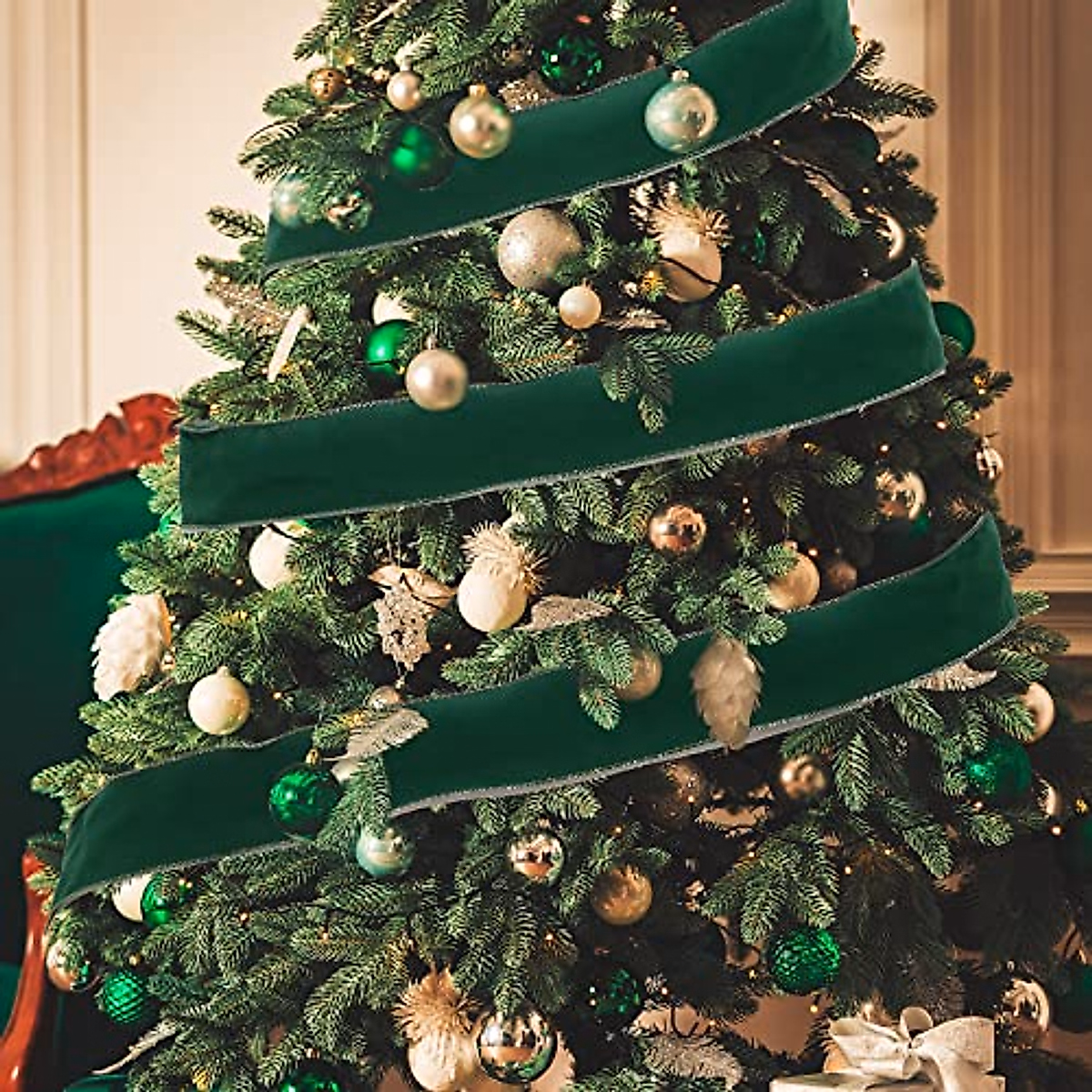 Syhood Christmas Wired Velvet Ribbon with Gold Edge Waterproof Velvet Decoration Ribbon Wrapping for Xmas Wreath Bows Floral Craft Ornaments(2.5 Inch X 60 Yard,Green)