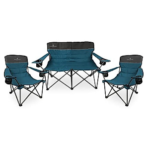 Blue 3 Piece Campfire Conversation Set for Camping, Patio, Hunting, Beach, Outdoor- Camping Folding Padded Loveseat with Deluxe Comfort Chairs- Set- Folding Set for Festivals, Beach, Camping