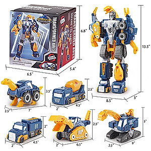 Toddler Construction Car Transform Set, 5pcs Dinosaur Rescue Robot with Magnetic Connectors, Assemble Building Trucks DIY STEM Toy, Holiday Birthday Present for Kids Boy Girl 3 4 5 6 7 Year