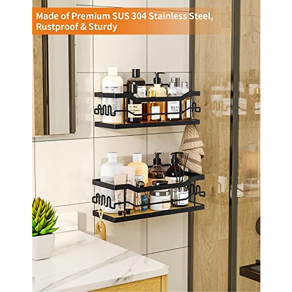 SWTYMIKI Natural Bamboo Shower Caddy Organizer, 2 Pack Shower Shelf with 12 Hooks,Rustproof & Waterproof Shower Rack,Stainless Steel No Drilling Bathroom Shower Organizer for Bathroom,Kitchen - Black