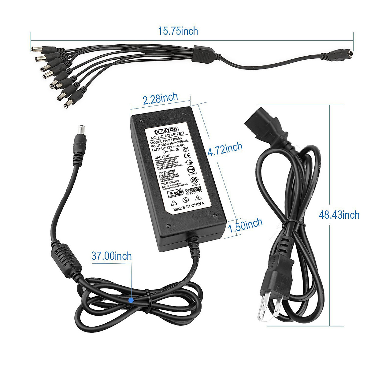 EWETON Power Adapter 12V 6A 72W 3-Pin Plug 100V-240V AC to DC 2.1x5.5mm w/ 8-Way Power Splitter Cable & DC Power Jack Connector Power Supply for CCTV Security Camera DVR, LED Strip Lights