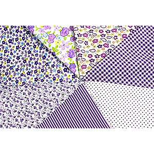 Life Glow 7pcs 20x20 inch (50x50cm) Cotton Craft Fabric Bundle Pre Cut Squares Patch Work DIY Sewing Quilting for DIY Handmade Craft Sewing Clothes Purple Style Floral, Polka dots, Stripe and Plaid