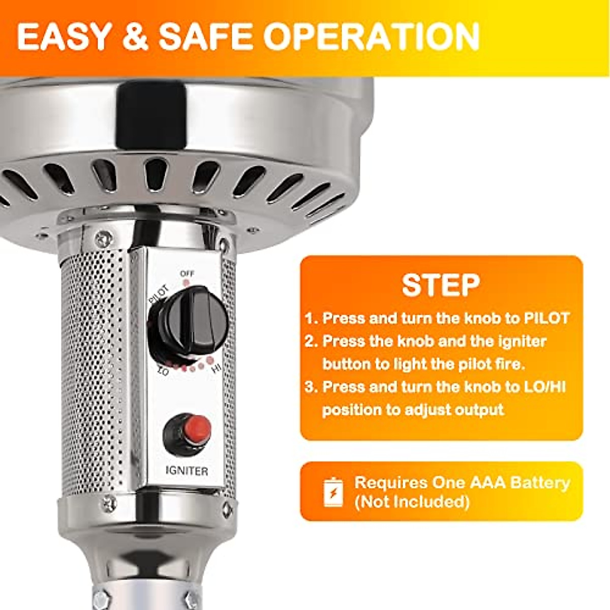 Hykolity 50,000 BTU Propane Patio Heater with Reflector, Stainless Steel Burner, Triple Protection System, Wheels, Outdoor Heaters for Patio, Garden, Commercial and Residential, Silver