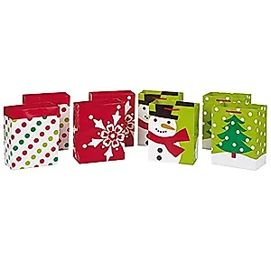 Image Arts 8" Medium Christmas Gift Bags, Polka Dots (Bulk Pack of 8 Holiday Bags for Classrooms, Party Favors, Gift Exchanges)