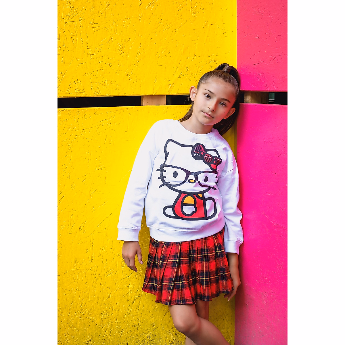 Hello Kitty Little Girls Fleece Sweatshirt and Skirt Plaid White/Red 7-8