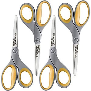 Westcott ‎17598 8-Inch Titanium Scissors For Office and Home, Yellow/Gray, 4 Pack