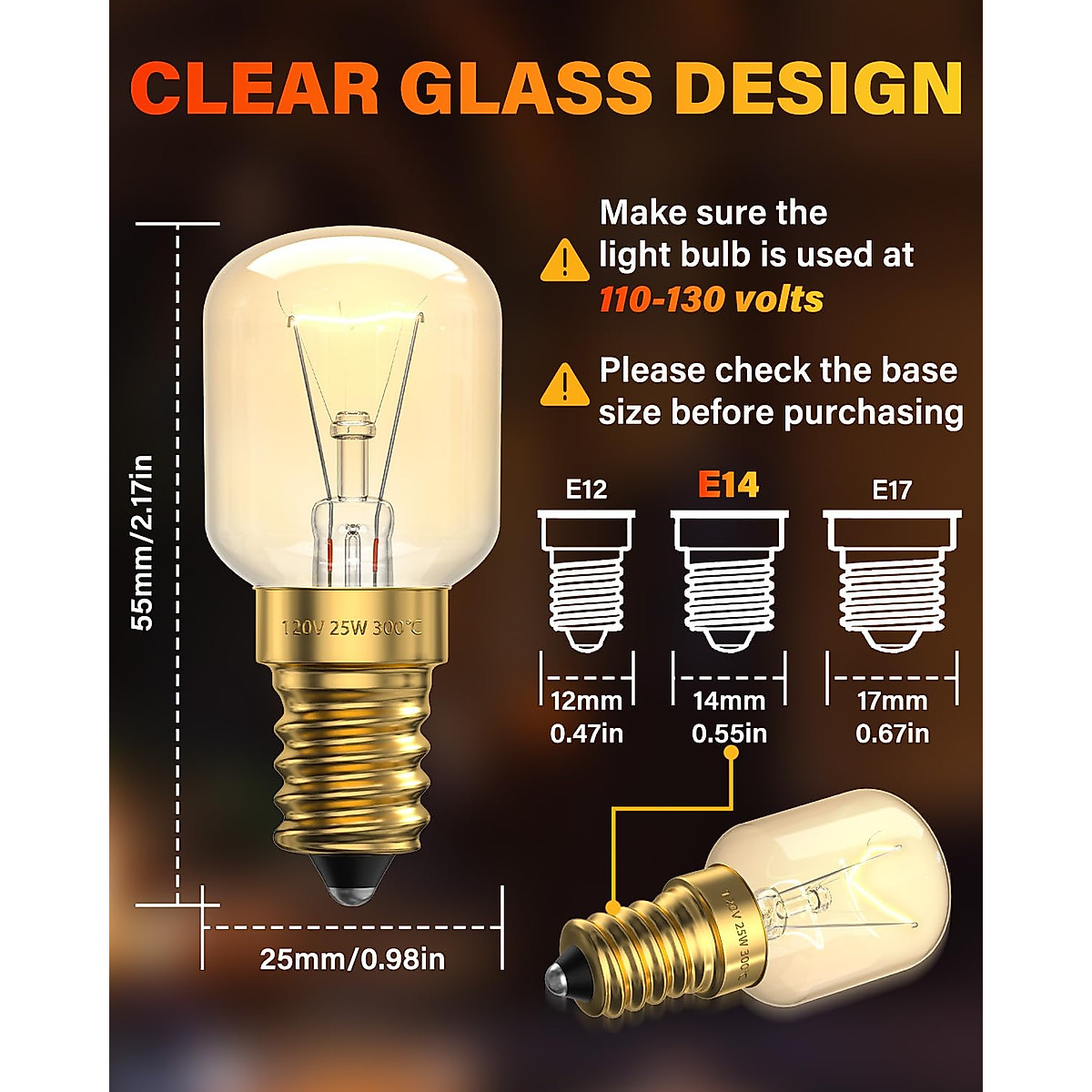 TobeBright 25 Watt Oven Light Bulbs Replacement 120V - E14 T25 Appliance Small Screw Light Bulb Warm White,Heat Resistant Bulb 300℃,Clear Glass,Dimmable for Microwave,Refrigerator,Oven,Salt Lamp