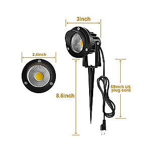 Outdoor Landscape Lights, 10W 120V AC LED Landscape Spot Light with Metal Ground Spike, 3000K Warm White, IP65 Waterproof, 5FT Cord with US Plug for Lawn, Garden, Yard, Flag Light (6 Pack)