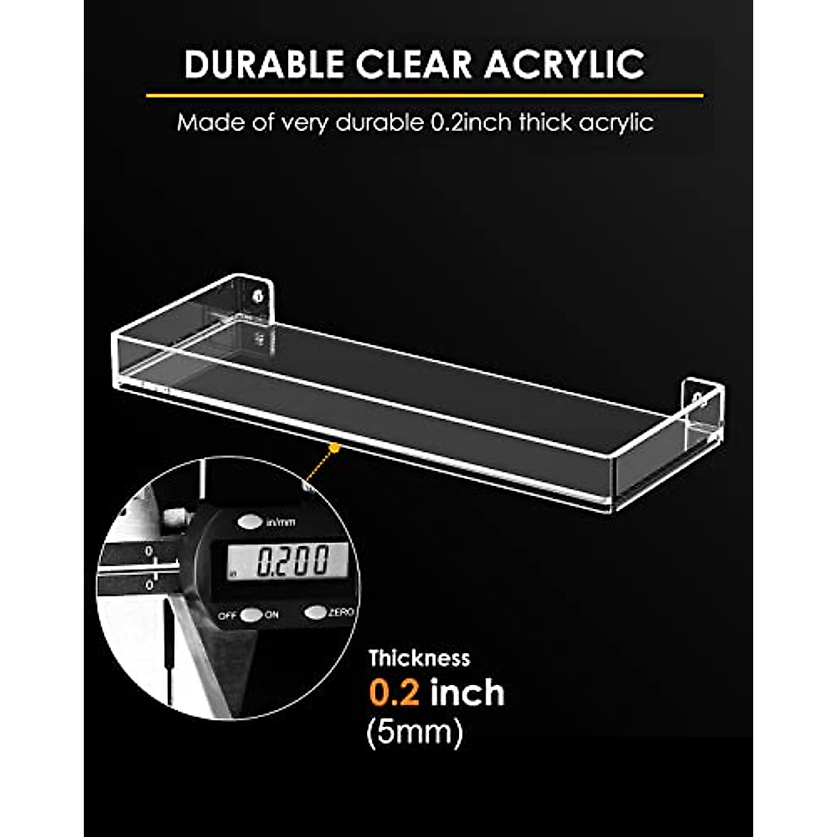 MaxGear Acrylic Shelves Clear Floating Shelves for Wall, Heavy Duty Acrylic Clear Display Shelves with Edge, 5mm Extra Thicker Hanging Shelves Floating Bookshelves for Bathroom, Bedroom, Kitchen