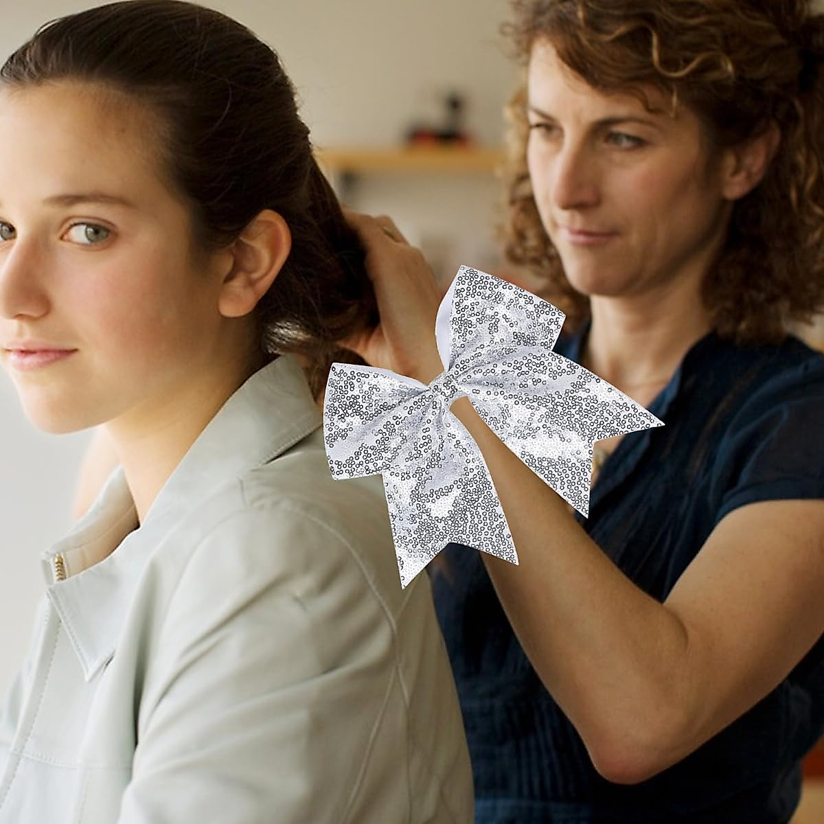 2 PCS 7" Large Glitter Cheer Bows Sequin Cheer Hair Bow Ties with Elastic Shiny Hair Bows Ponytail Holder Handmade for Cheerleader Girls Softball Sports Hair Accessories for Teens Kids(Silver)