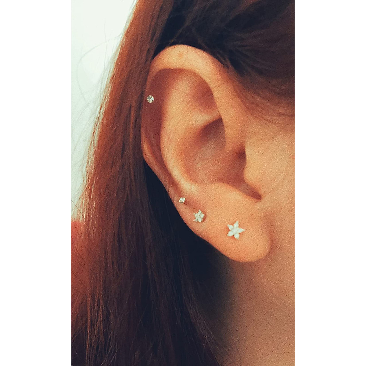 Sterling Silver Stud Earrings for Women, 3 Pairs Tiny Flower Earrings Set, Small Cubic Zirconia Helix Earrings Dainty Tragus Cartilage Studs Cherry Blossom Ear Piercing Jewelry Gifts for Teens