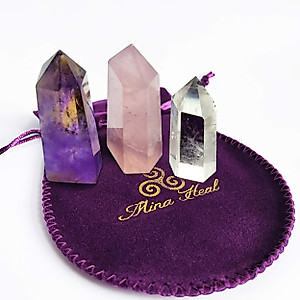Mina Heal Healing Crystal Wands Point Faceted Prism Bars for Reiki Chakra Meditation Therapy Home Decoration Set of 3 (Rose Quartz, Clear Quartz & Amethyst)