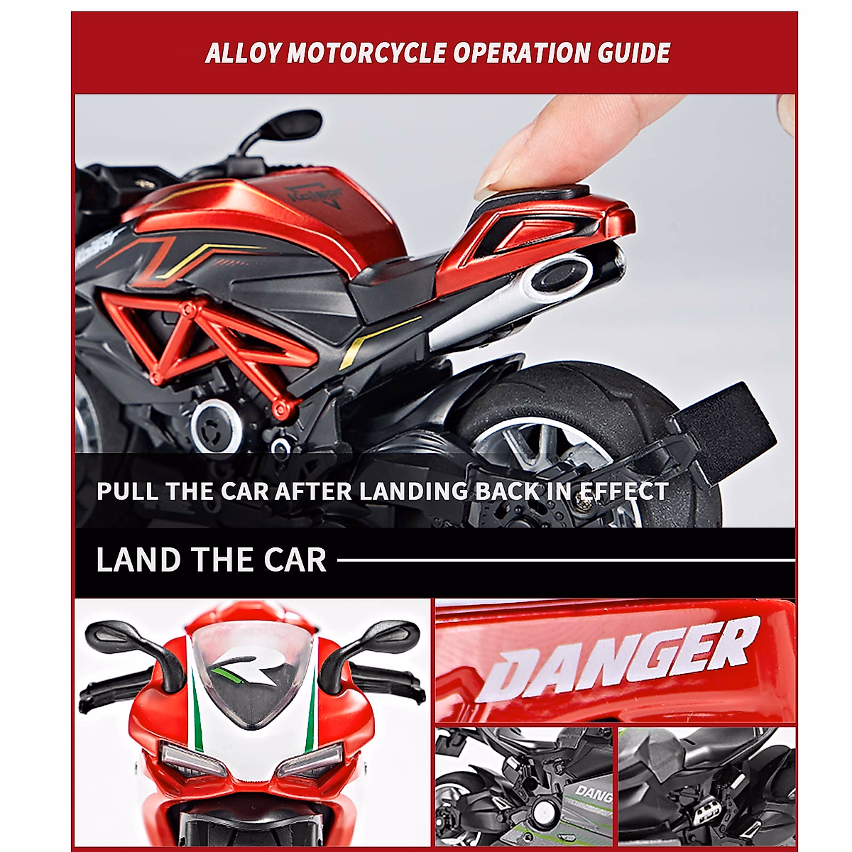 MING YING 66 Pull Back Motorcycle Model - 1:12 Scale Toy Motorcycle,Motorcycle Toy with Light and Music Gift for Children Boys and Girls (Red)