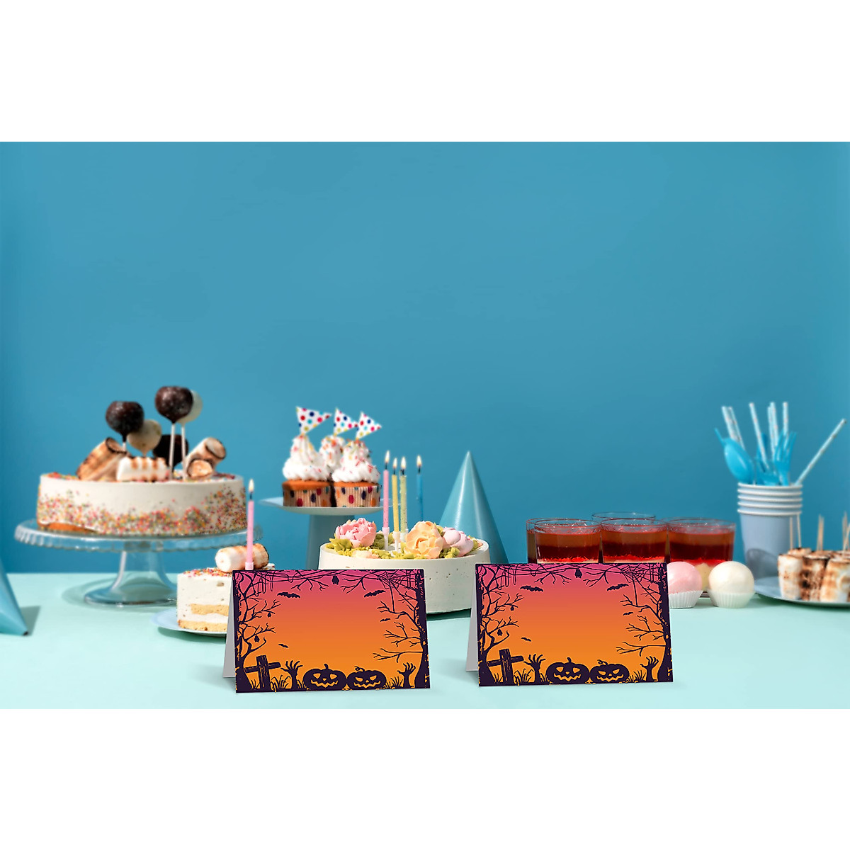 Halloween Table Place Card, 25 Pcs Tent Style Cards Set with Pumpkin and Ghost, Editable Name Cards for Table Seating, Scored for Easy Folding, Food Lables for Halloween Party (08)