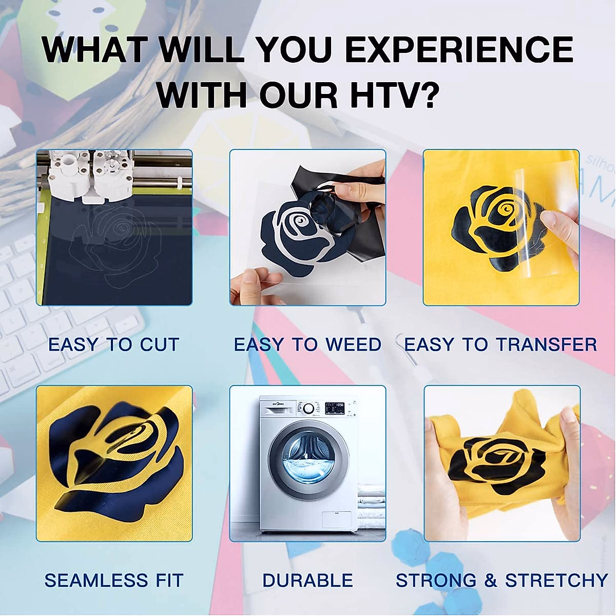 HTVRONT HTV Vinyl Rolls Heat Transfer Vinyl - 12" x 8ft Black HTV Vinyl for Shirts, Iron on Vinyl for All Cutting Machine - Easy to Cut & Weed for Heat Vinyl Design (Black)