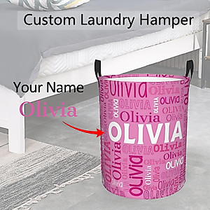 Custom Name Laundry Hamper, Personalized Dirty Clothes Hamper Storage Basket with Name for Bathroom Bedrooms, Customized Name Circular Hamper with Handles Gifts for Boys Girls Men Women Hot Pink M