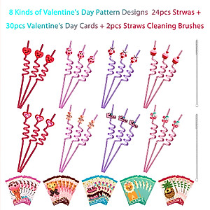 Valentines Day Party Favors Bulk 24 Drinking Straws + 30 Cards for Kids Valentine's Classroom Exchange Prizes Party Supplies with 2 PCS Cleaning Brushes