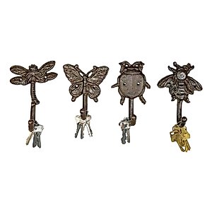 Ebros Set of 4 Cast Iron Vintage Rustic Fancy Bugs Bee Ladybug Butterfly and Dragonfly Wall Hooks Plaque Countryside Western Vintage Cottage Home Or Office Organization