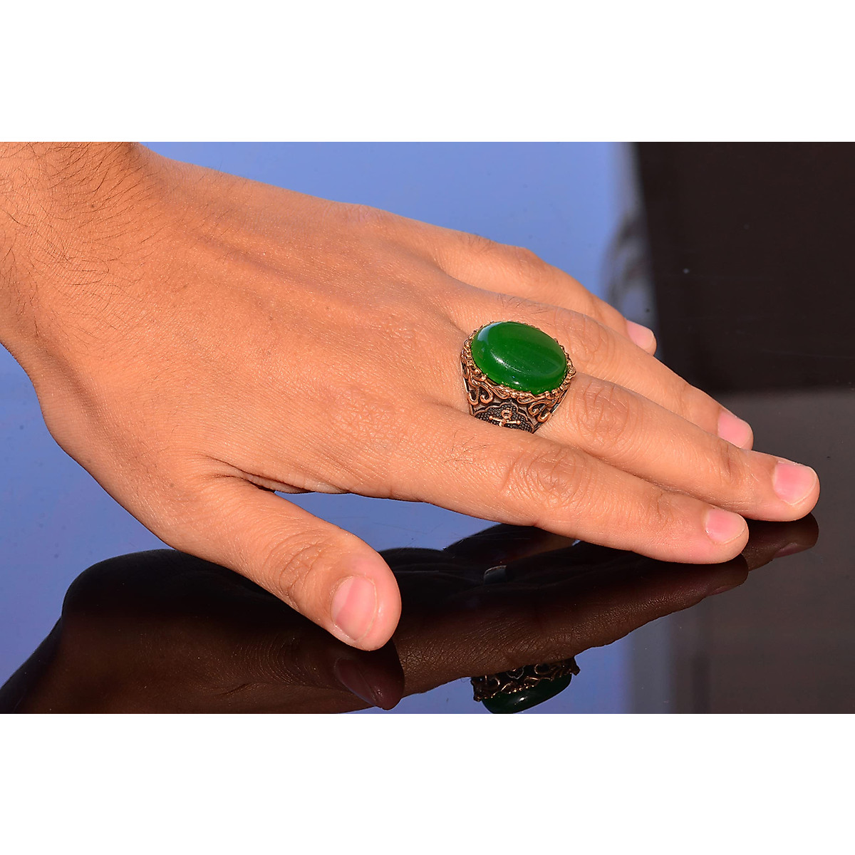 KAMBO Real Tiger Eye Gemstone Ring, Anchor Ring, Sailor Men Ring, 925 Solid Sterling Silver Ring (Jade)